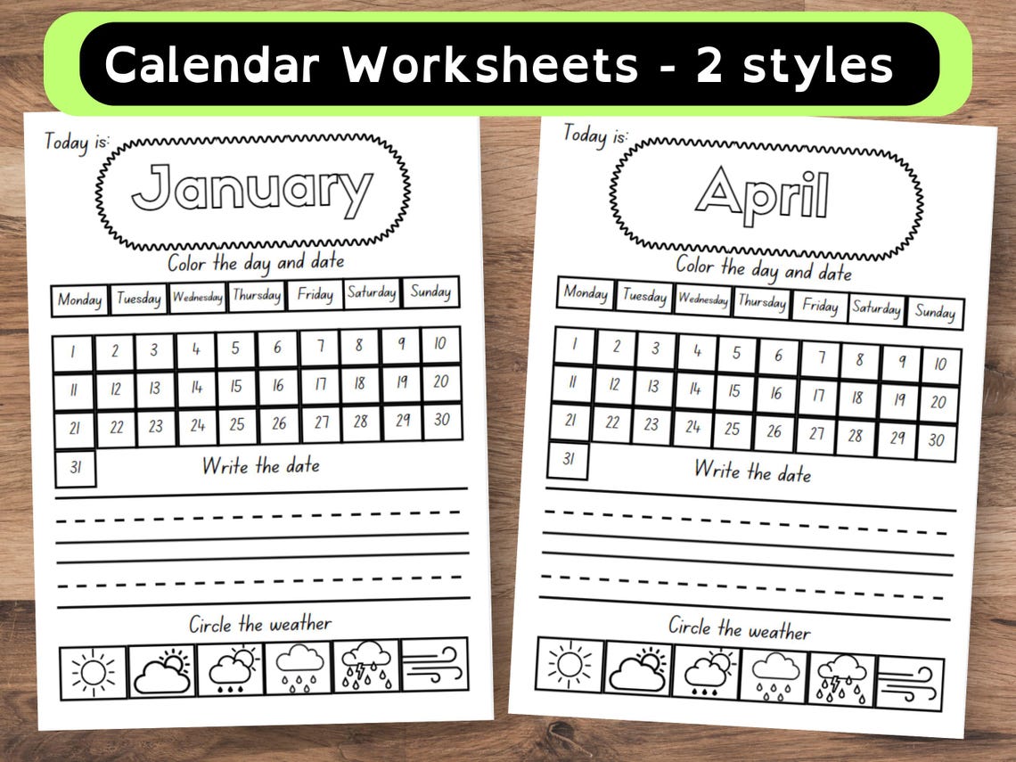 Printable Preschool Calendar Worksheet Pages | 2 Styles: Month, Day ...