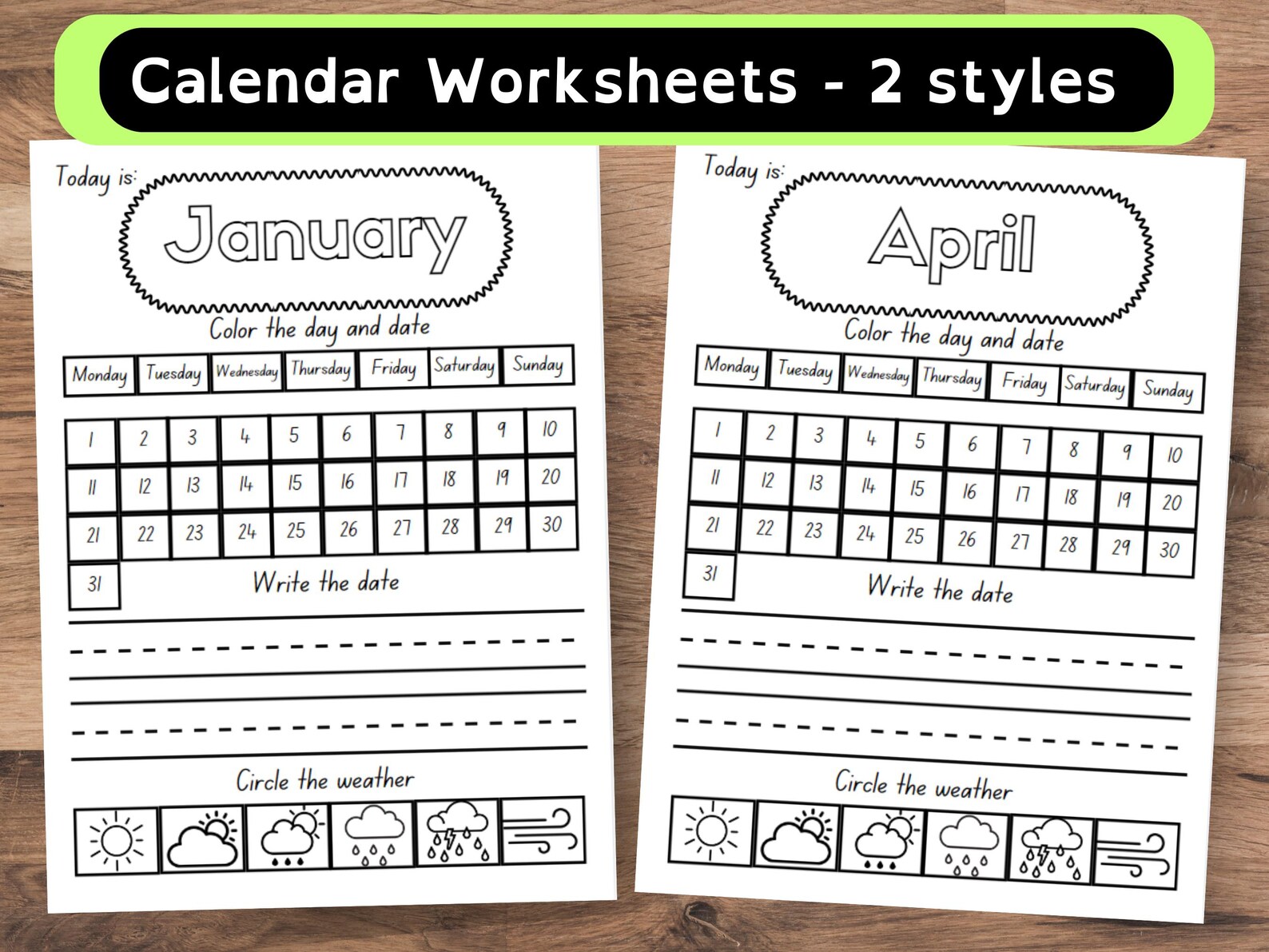 Printable Preschool Calendar Worksheet Pages | 2 Styles: Month, Day ...