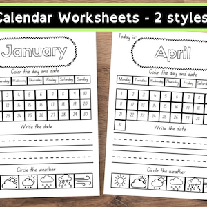 Printable Preschool Calendar Worksheet Pages | 2 Styles: Month, Day ...