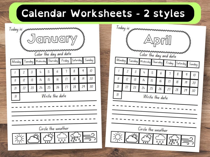 Printable Preschool Calendar Worksheet Pages | 2 Styles: Month, Day ...