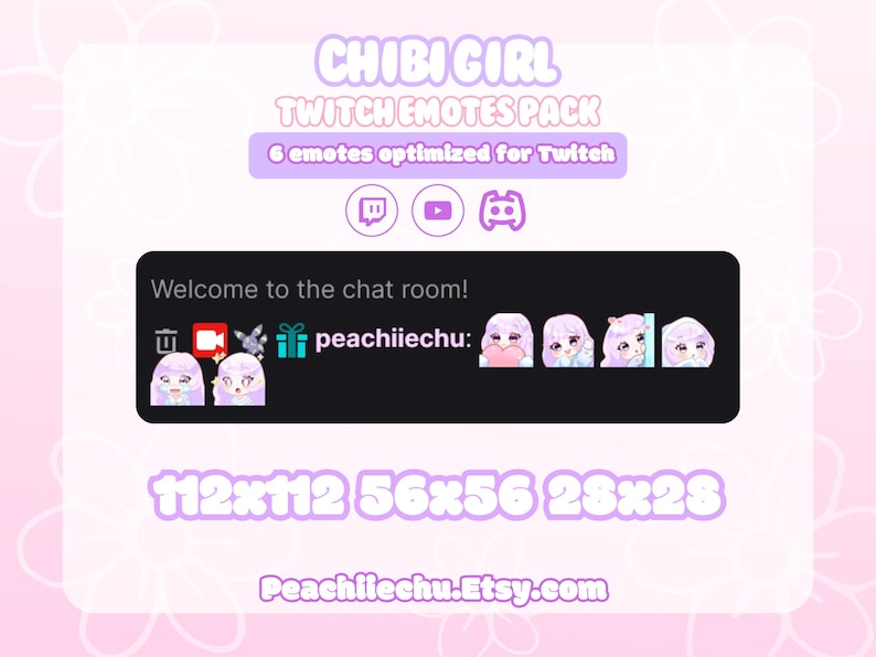 Cute Chibi Girl Twitch Emotes Pack | Purple Hair | Purple Eyes | Pastel ...