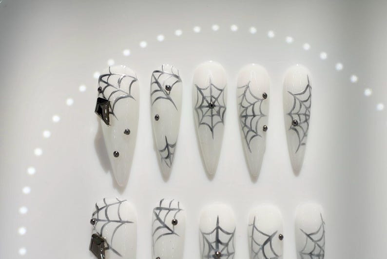 Spider Web Long Stiletto Y2K Handmade Metallic Silver & White Press on ...