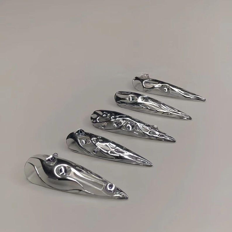 Mystical Silver Press on Nails | 3D Silver Enigmatic Patterns ...