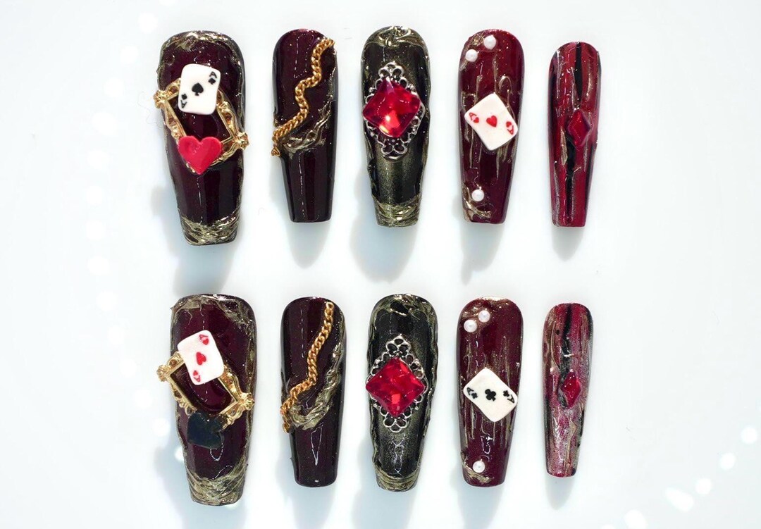 Dark Card Theme Press on Nails | Burgundy Black Gold Design | 3D Chains ...