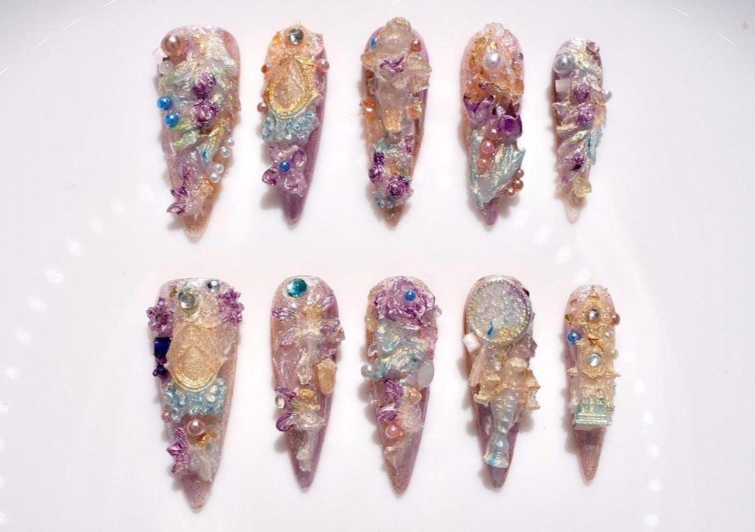 3D Mythical Flower Fairy Nail Art | Church Wedding Pearl&mirror Nails ...