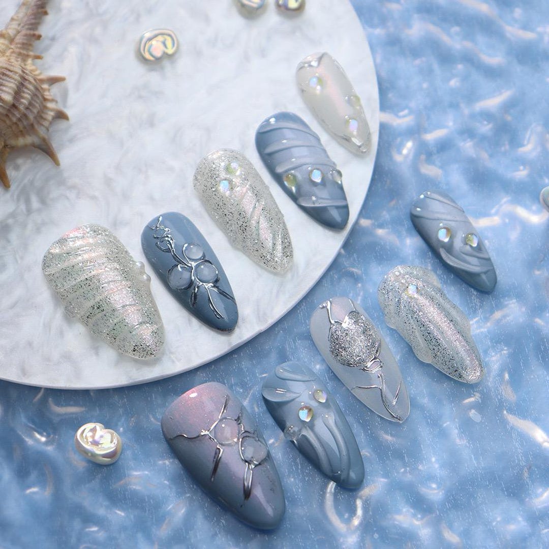 Ocean-themed Press on Nails Mermaid's Tear False Nails Beach Vibes 3D ...