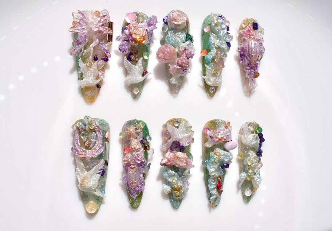 3D Mythical Flower Fairy Nail Art | Wild Geese Wedding Pearl | Bridal ...