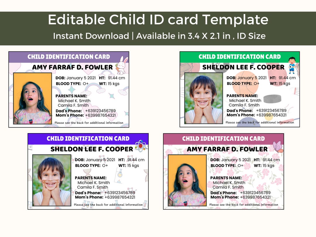 Editable Child ID Card Template, Printable Child Badge With Photo ...