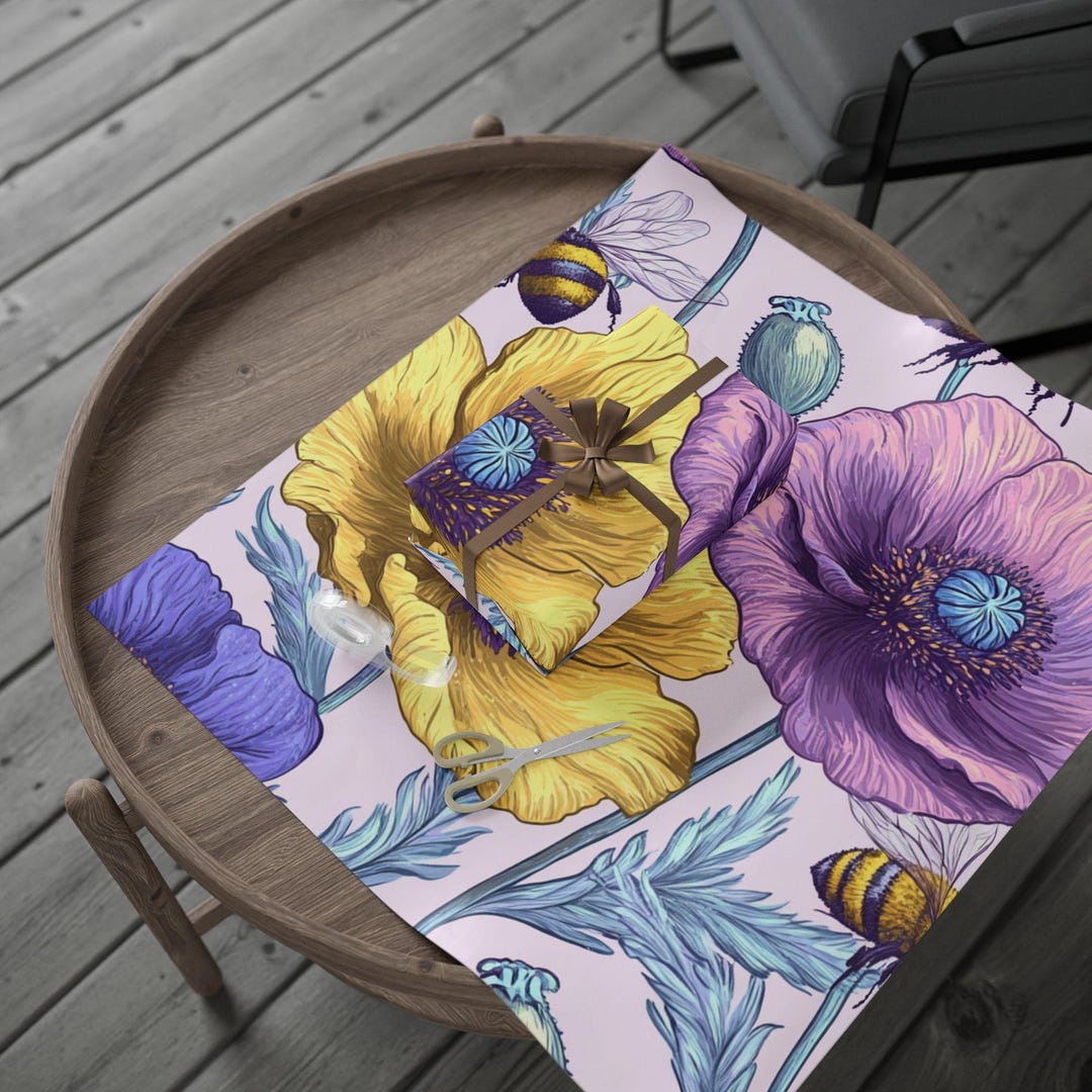 Botanical Wrapping Paper, Colorful Poppy Flower and Bee Design, Gift ...