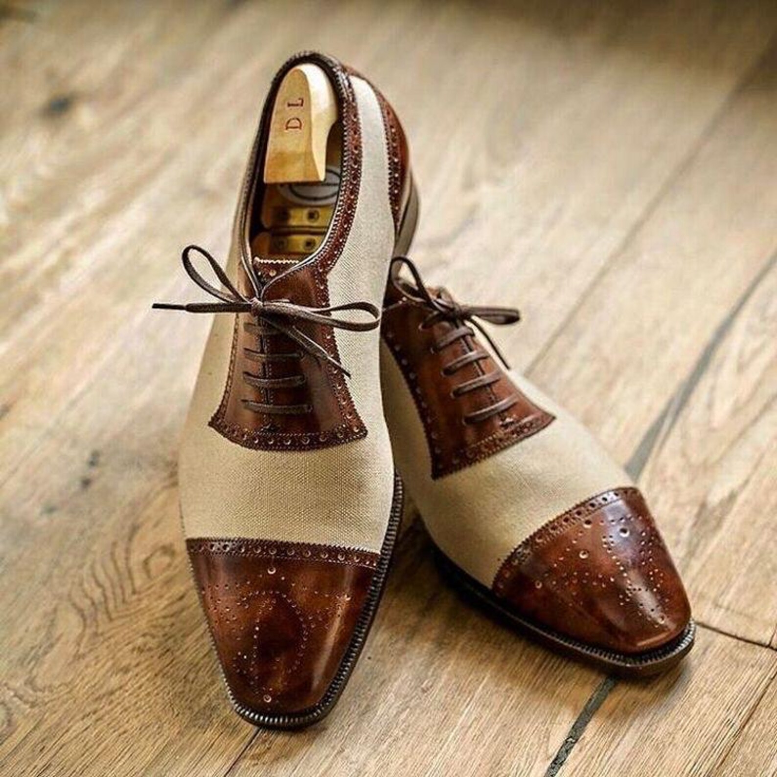 Handmade Two Tone Leather Oxford Shoes: Brown & Tan Wingtip Dress Shoe ...