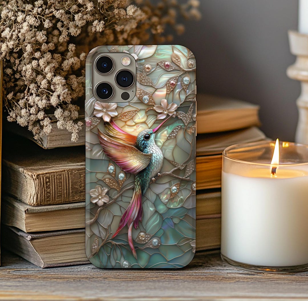Faux Stained Glass Effect Hummingbird Phone Case Iridescent Floral ...