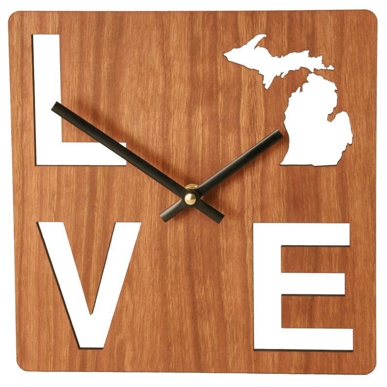 Wooden Wall Clock HOME Michigan LOVE MI Hanging Clock - Etsy