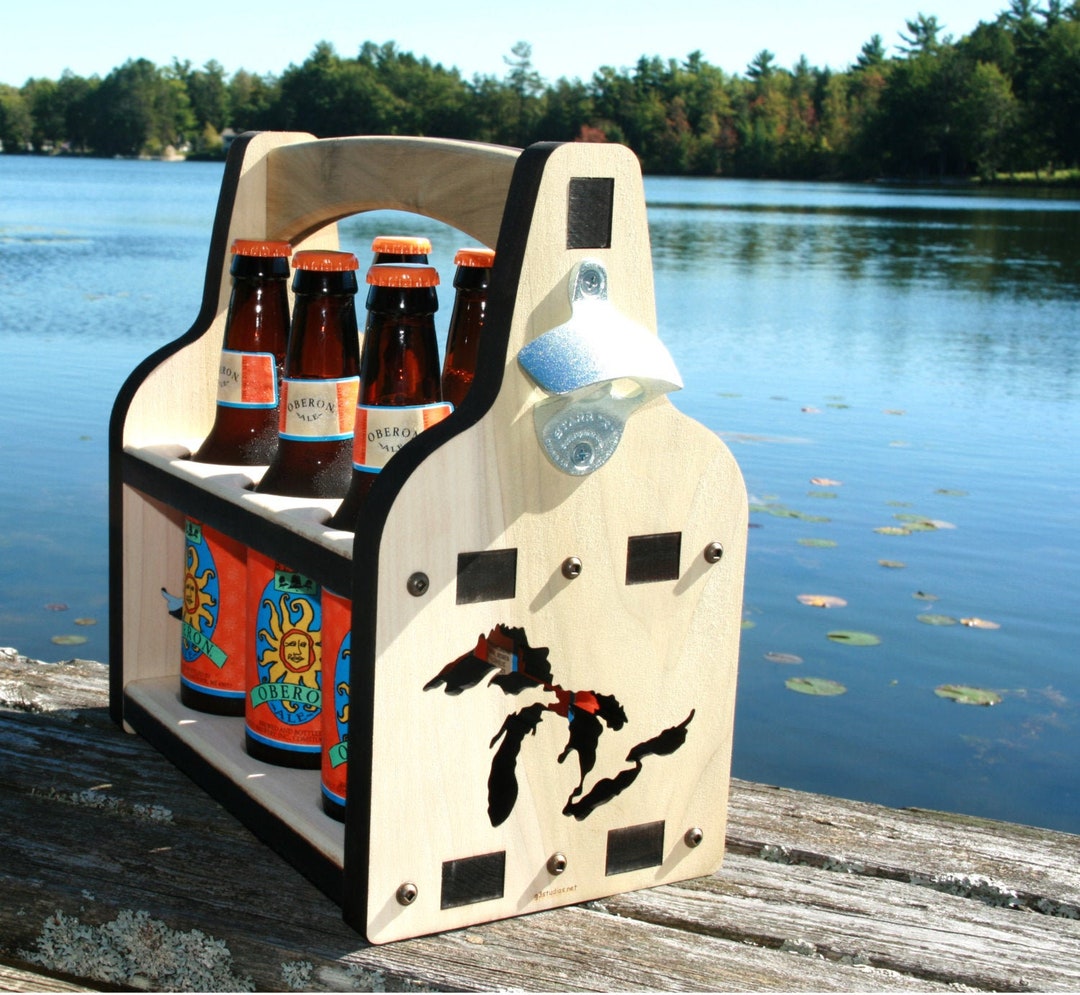 Great Lakes Wooden Beer Carrier, 6 Pack Bottle Caddy With Opener - Etsy