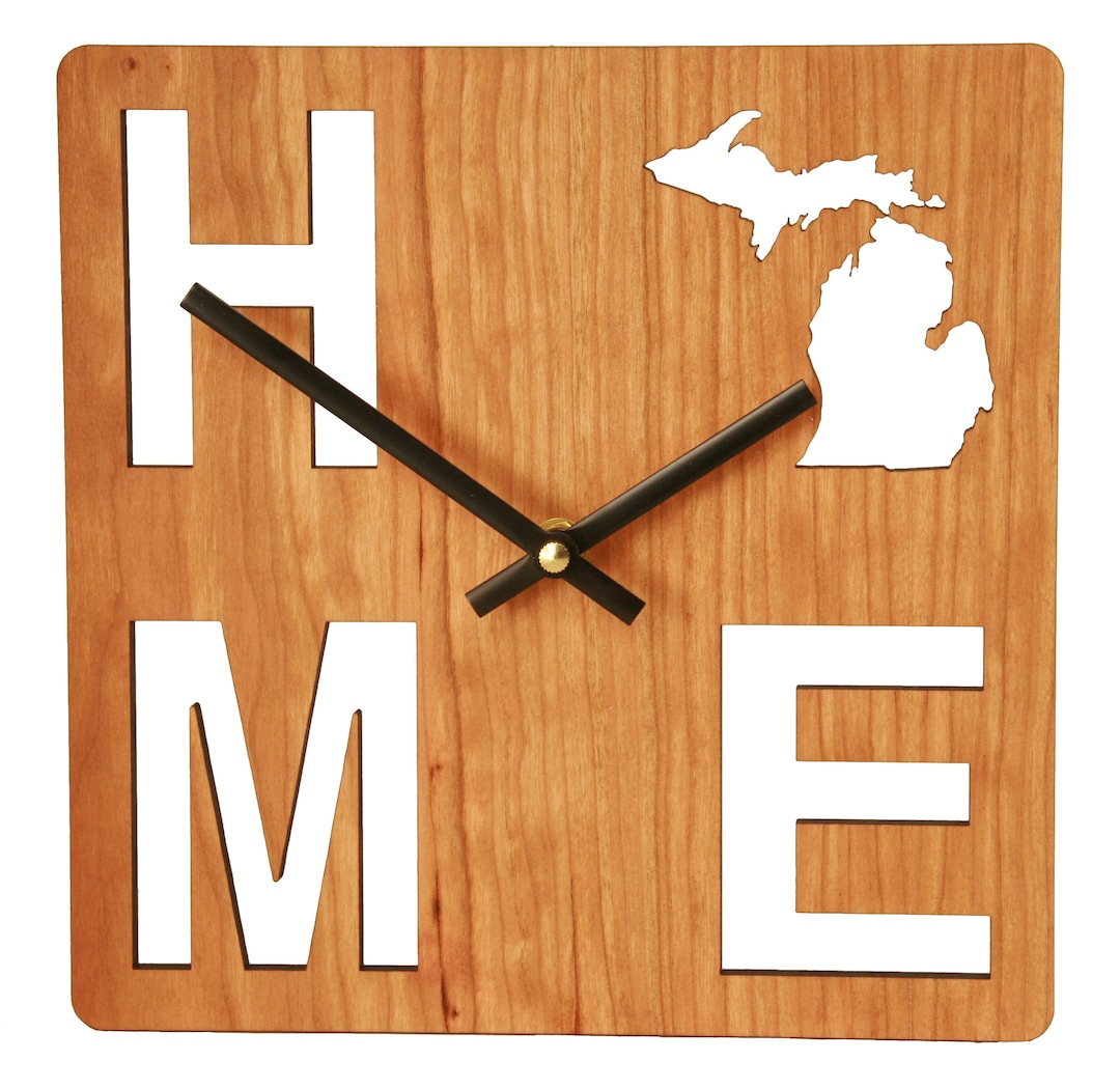 Wooden Wall Clock HOME Michigan LOVE MI Hanging Clock - Etsy