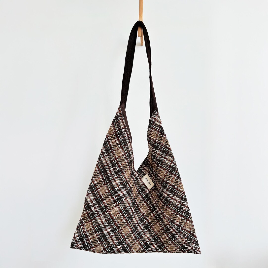 Chic Vintage Color Block Bag, Hand Sewn Tweed Tote, Versatile Triangle ...