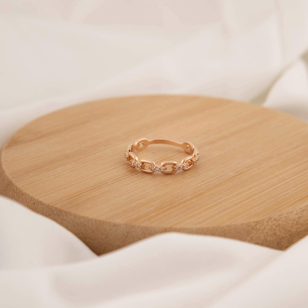 14k Solid Gold Diamond Chain Ring, Link Chain Ring, Minimalist Link ...