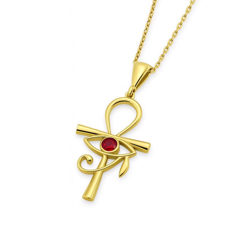14k Gold Eye of Ra Necklace With Ruby Birthstone – Ankh Cross Jewelry ...