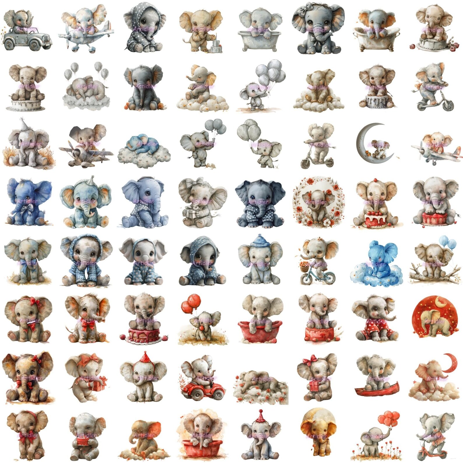 Mega Bundle BABY ELEPHANT CLIPART Watercolor Clipart Bundle, Nursery ...