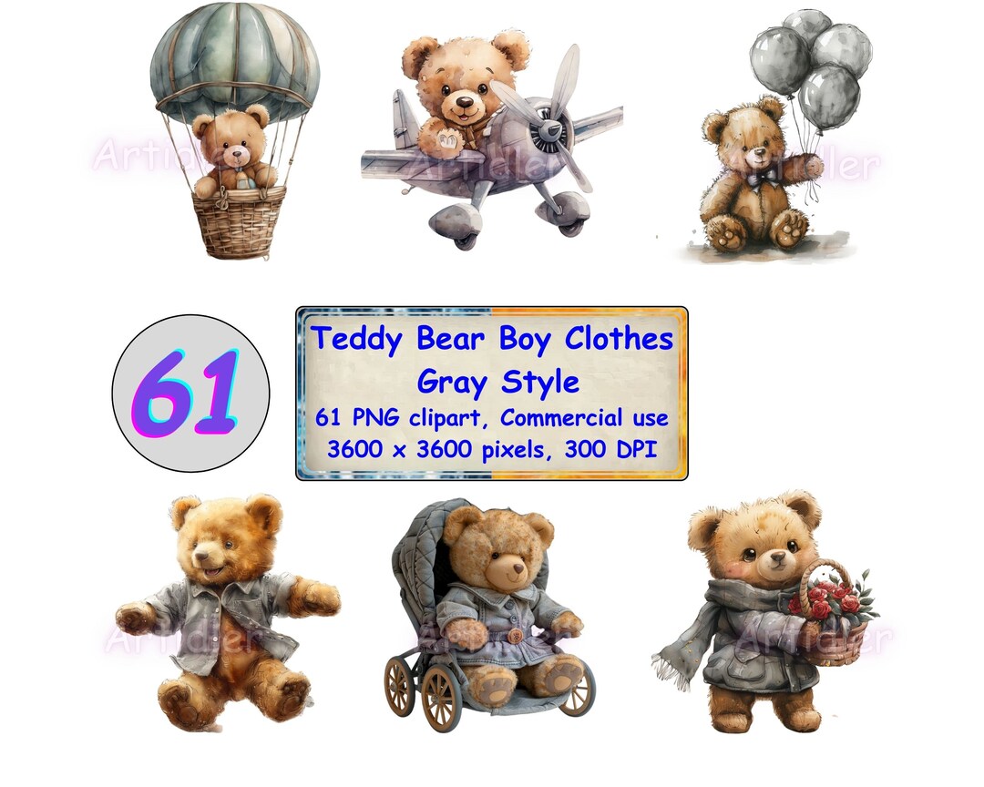 TEDDY BEAR CLIPART Boy, Style: Gray Watercolor Clipart Bundle, Cute ...