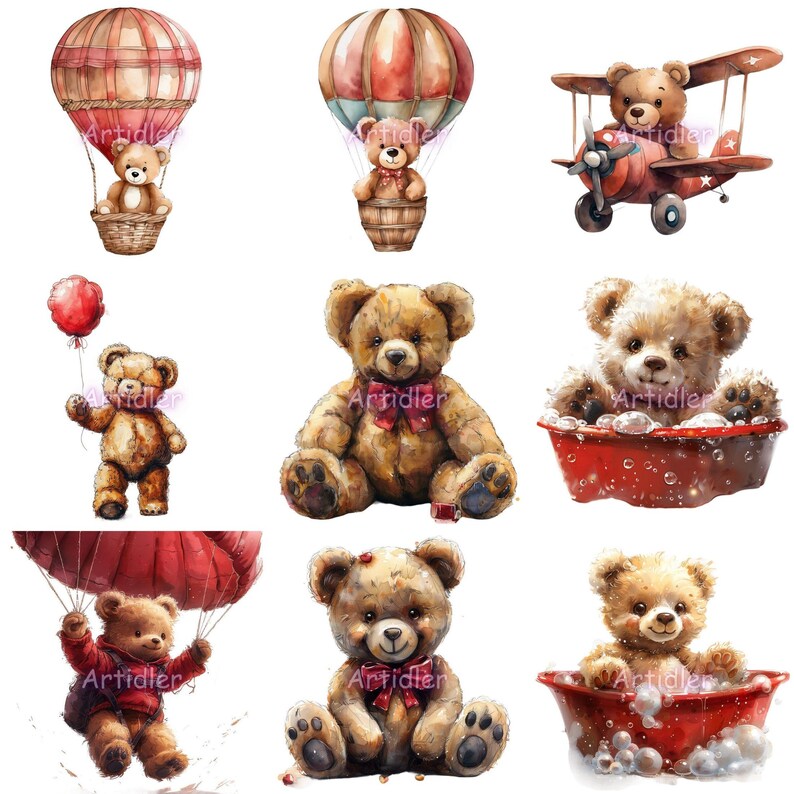 TEDDY BEAR CLIPART Boy, Style: Red - Watercolor Clipart Bundle, Cute ...