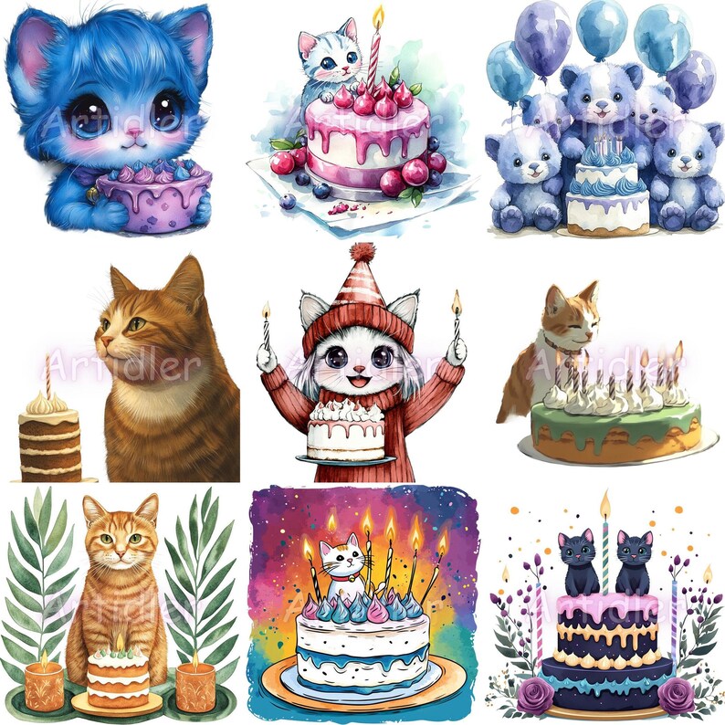 45 Images Kawaii Birthday Cat Clipart Bundle | Watercolor Pet PNG ...