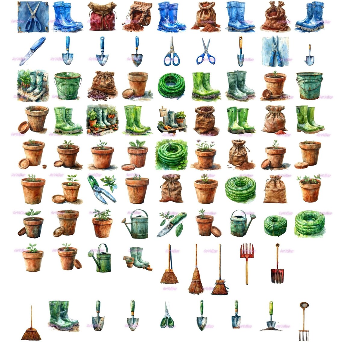 Mega Bundle GARDENING CLIPART Watercolor Garden Clipart, Rakes Clipart ...