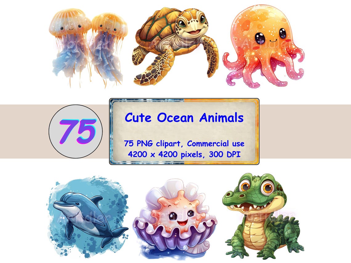 Watercolor Ocean Animals Clipart, Sea Creature PNG, Under Sea Nursery ...