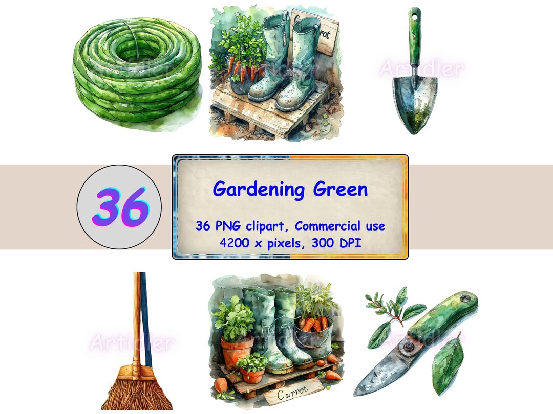 GARDENING CLIPART BUNDLE, Style: Green - Watercolor Garden Clipart ...