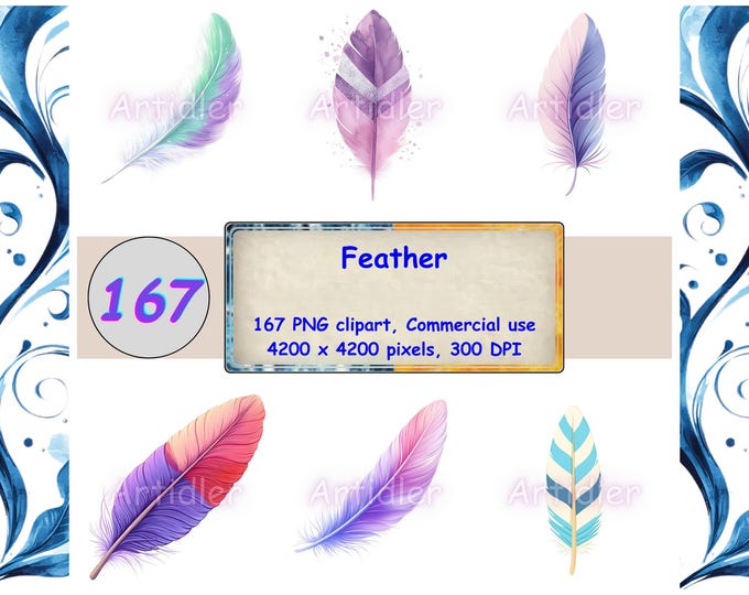 Watercolor Bird Feather Clipart: 12 JPG Images (digital Download ...