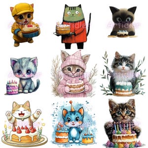 45 Images Kawaii Birthday Cat Clipart Bundle | Watercolor Pet PNG ...