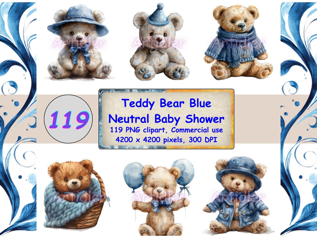 119 BABY SHOWER CLIPART, Style: Blue - Nursery Clipart, Teddy Bear Png ...