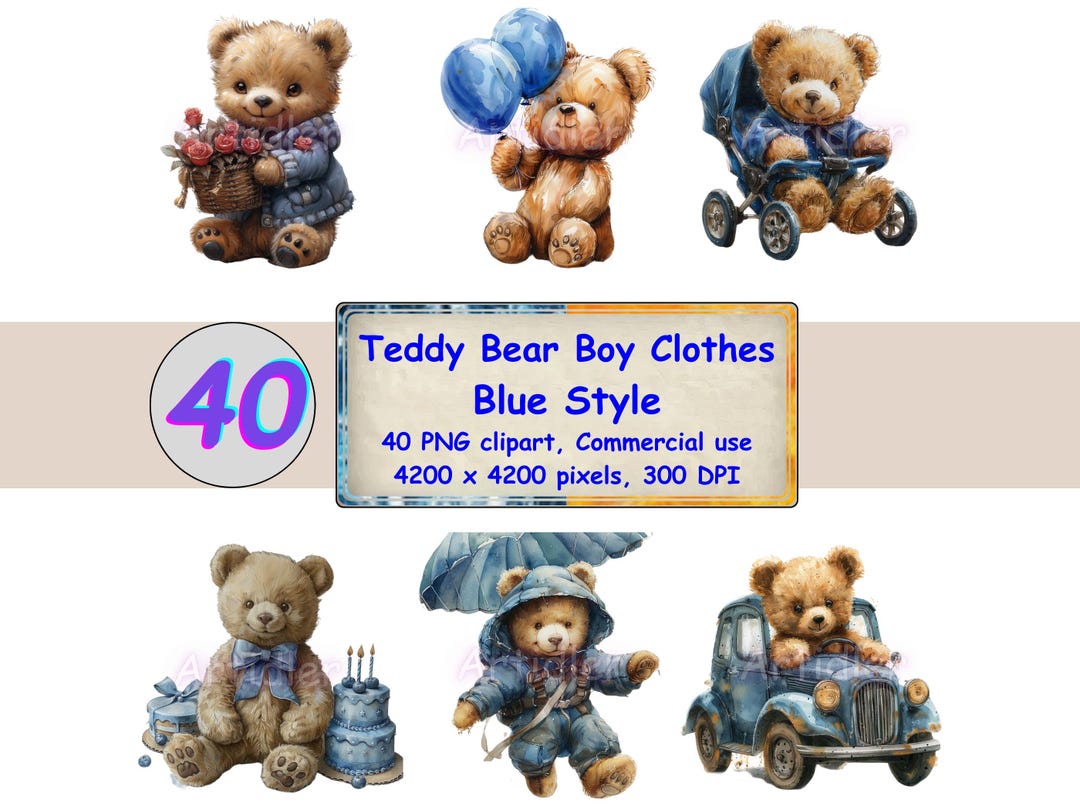 TEDDY BEAR CLIPART Boy, Style: Blue Watercolor Clipart Bundle, Cute ...