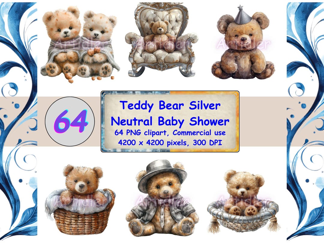 Teddy Bear Baby Shower Clipart, Silver Neutral Theme (64 PNG) - Etsy