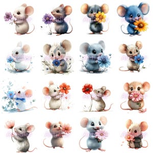 CUTE MOUSE CLIPART - Digital Clipart Bundle, Mouse and Flower Clipart ...