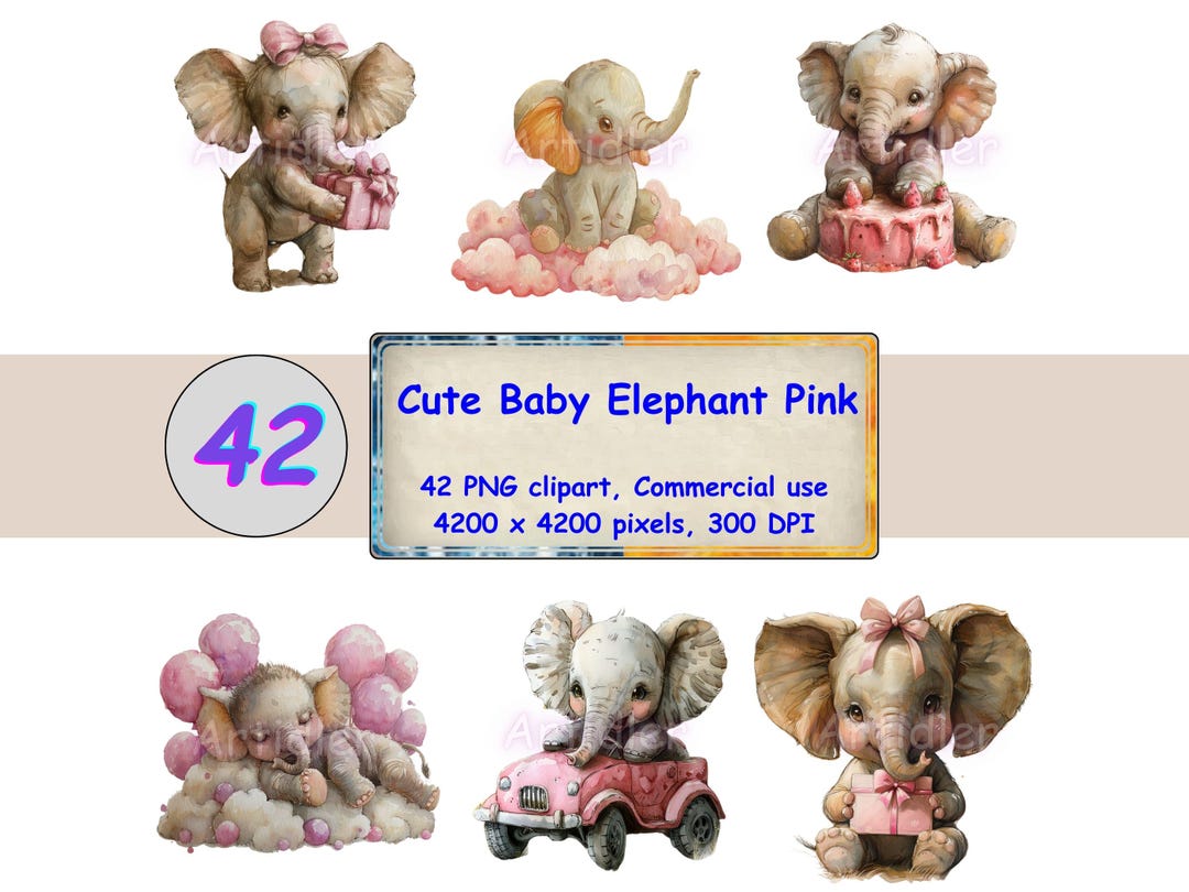 BABY ELEPHANT CLIPART Style: Pink - Watercolor Clipart Bundle, Nursery ...