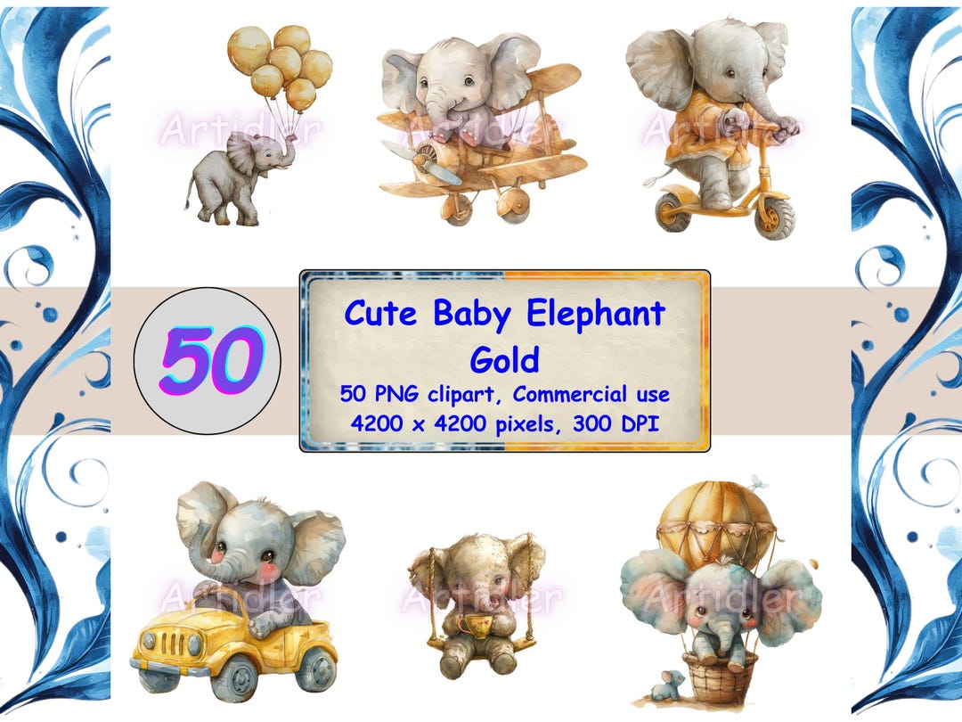 Baby Elephant Clipart Watercolor Gold Nursery Art PNG Baby Shower ...