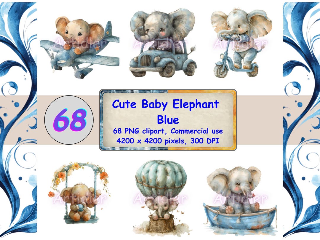 68 Images Baby Elephant Clipart Bundle: Blue Watercolor PNG (digital ...
