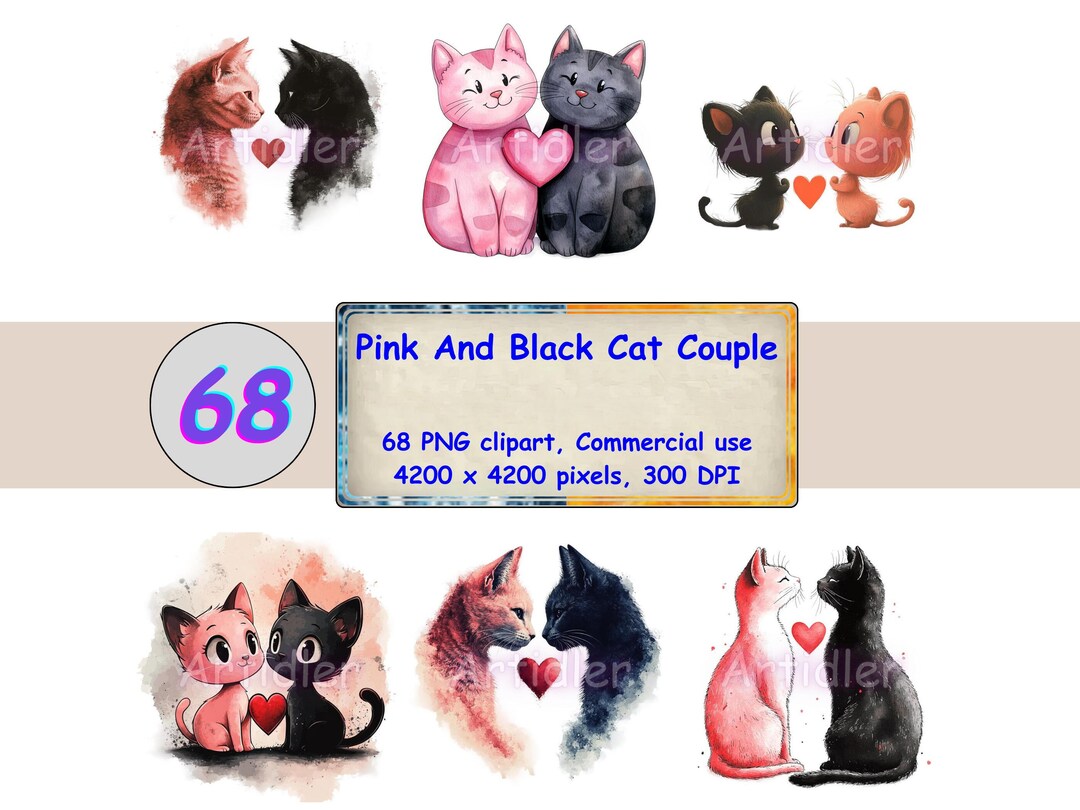 68 Images Watercolor Cat Couple Clipart | Pink & Black PNG (commercial ...