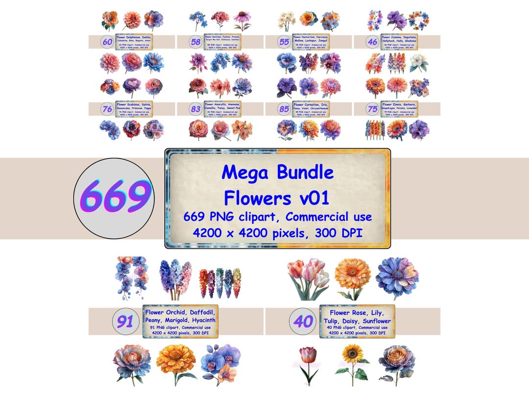 Mega Bundle FLOWERS CLIPART - Floral Clipart Bundle, Diy Clipart ...