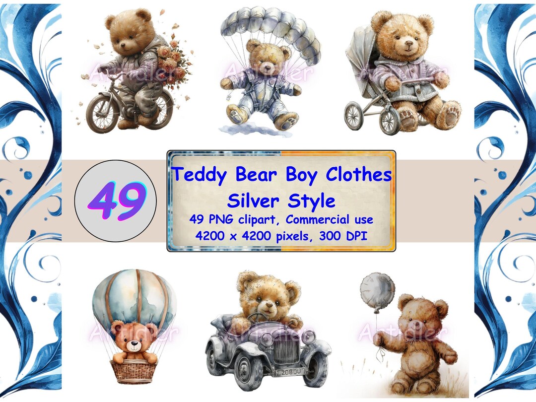 Watercolor Teddy Bear Clipart Bundle, Silver Style (49 PNG) - Etsy