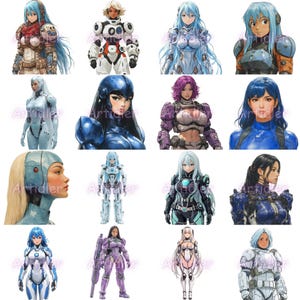 Cyborg Waifu | Watercolor Clipart Bundle PNG Files | AI Robot | Sci-fi ...
