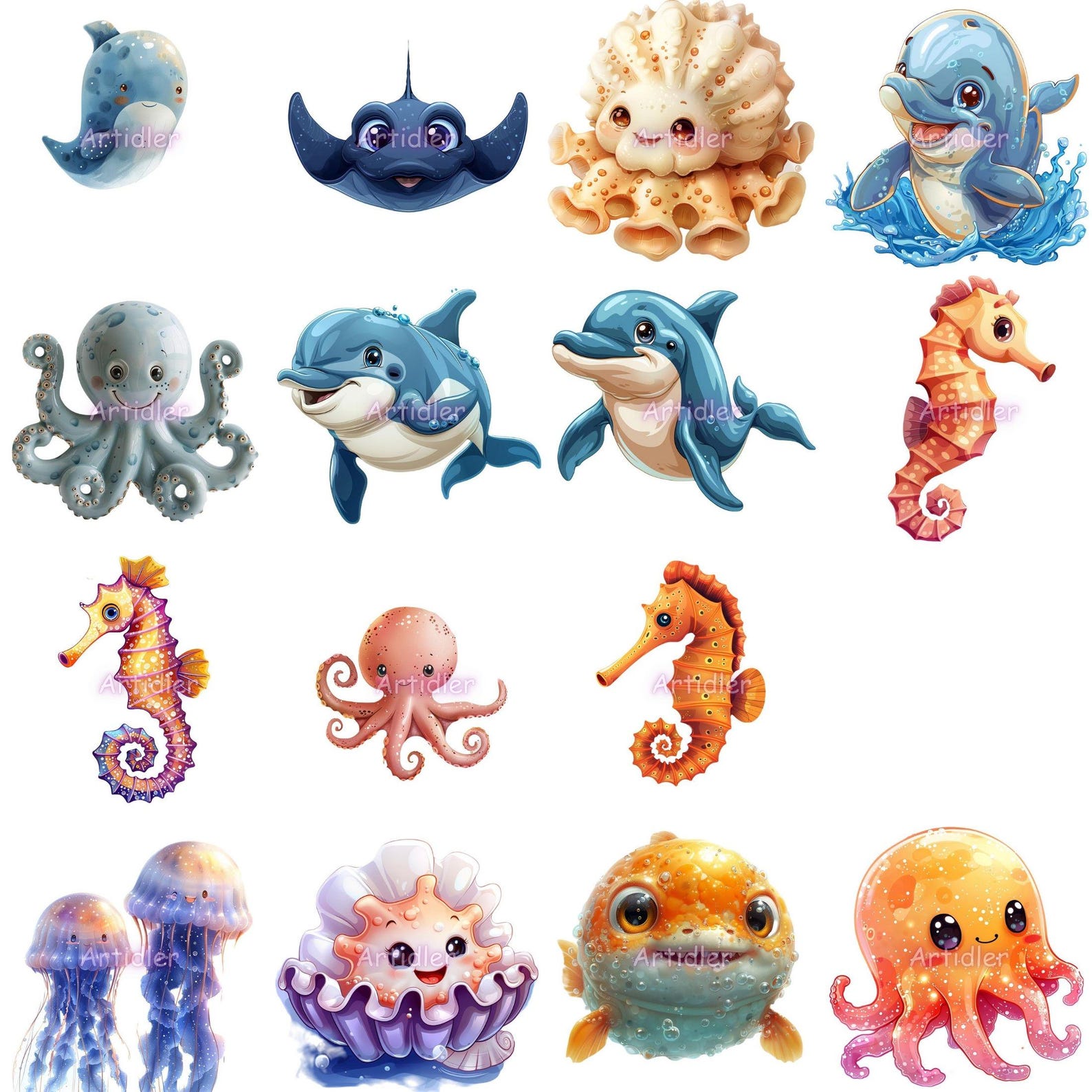 Watercolor Ocean Animals Clipart, Sea Creature PNG, Under Sea Nursery ...
