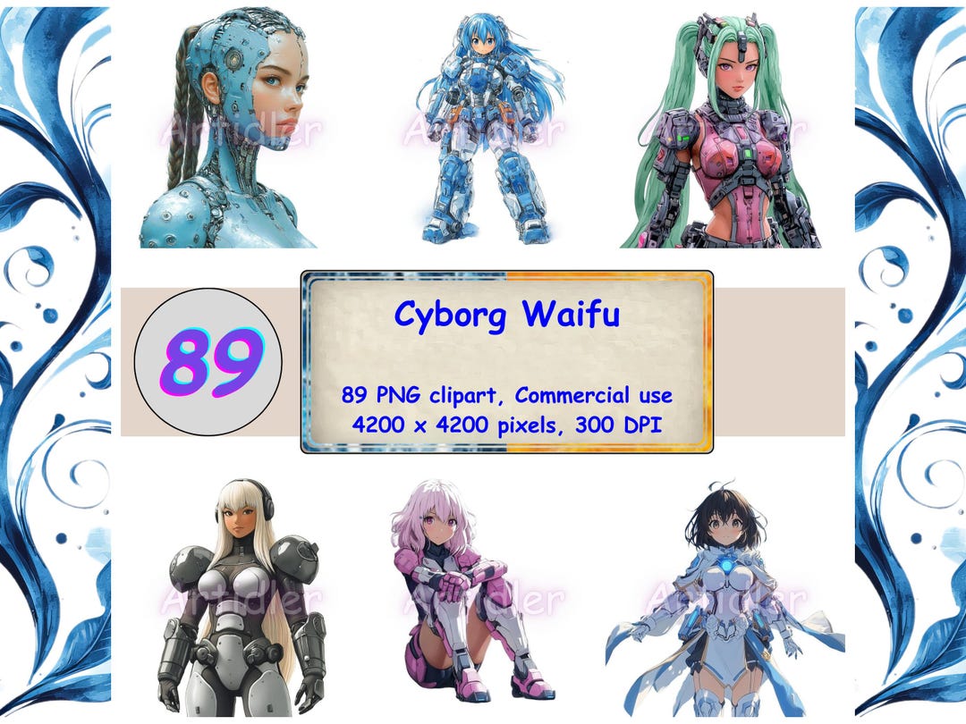 Cyborg Waifu | Watercolor Clipart Bundle PNG Files | AI Robot | Sci-fi ...