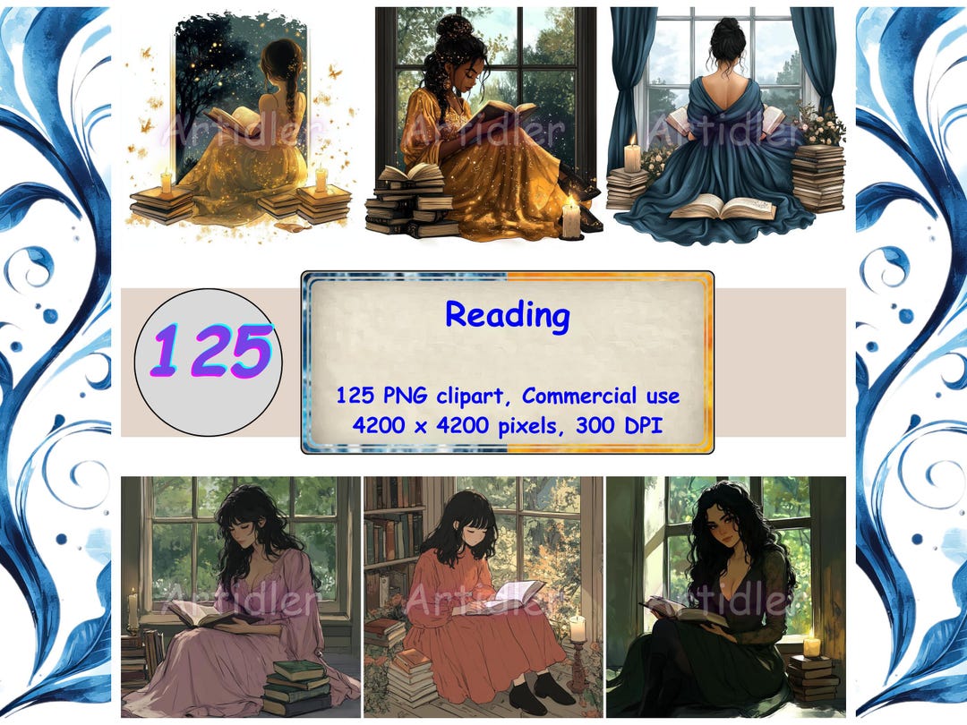 READING CLIPART BUNDLE - Bookworm Life Clipart, Home Library Clipart ...