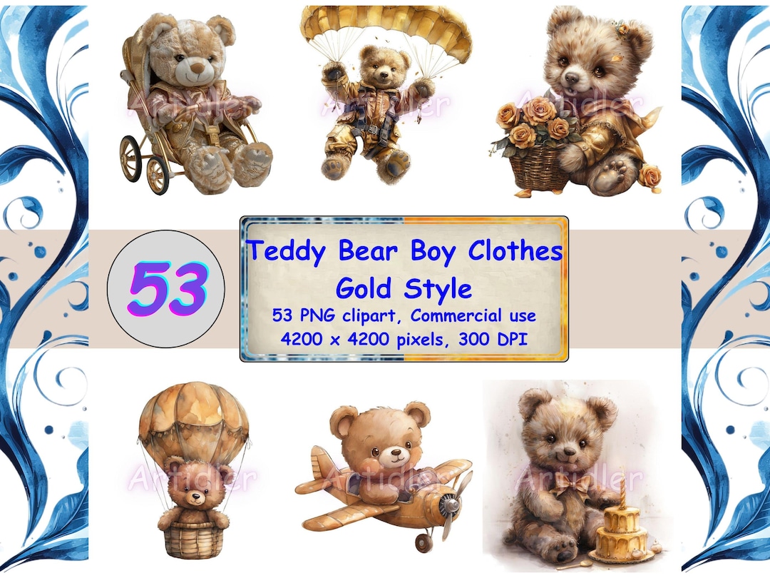 53 Images Teddy Bear Clipart Bundle, Gold Style, Nursery Art (PNG Files ...