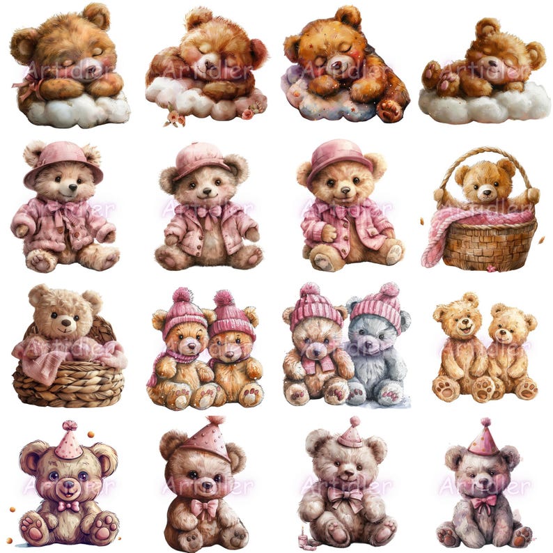 Pink Teddy Bear Clipart, Baby Girl Shower PNG, Watercolor Nursery ...