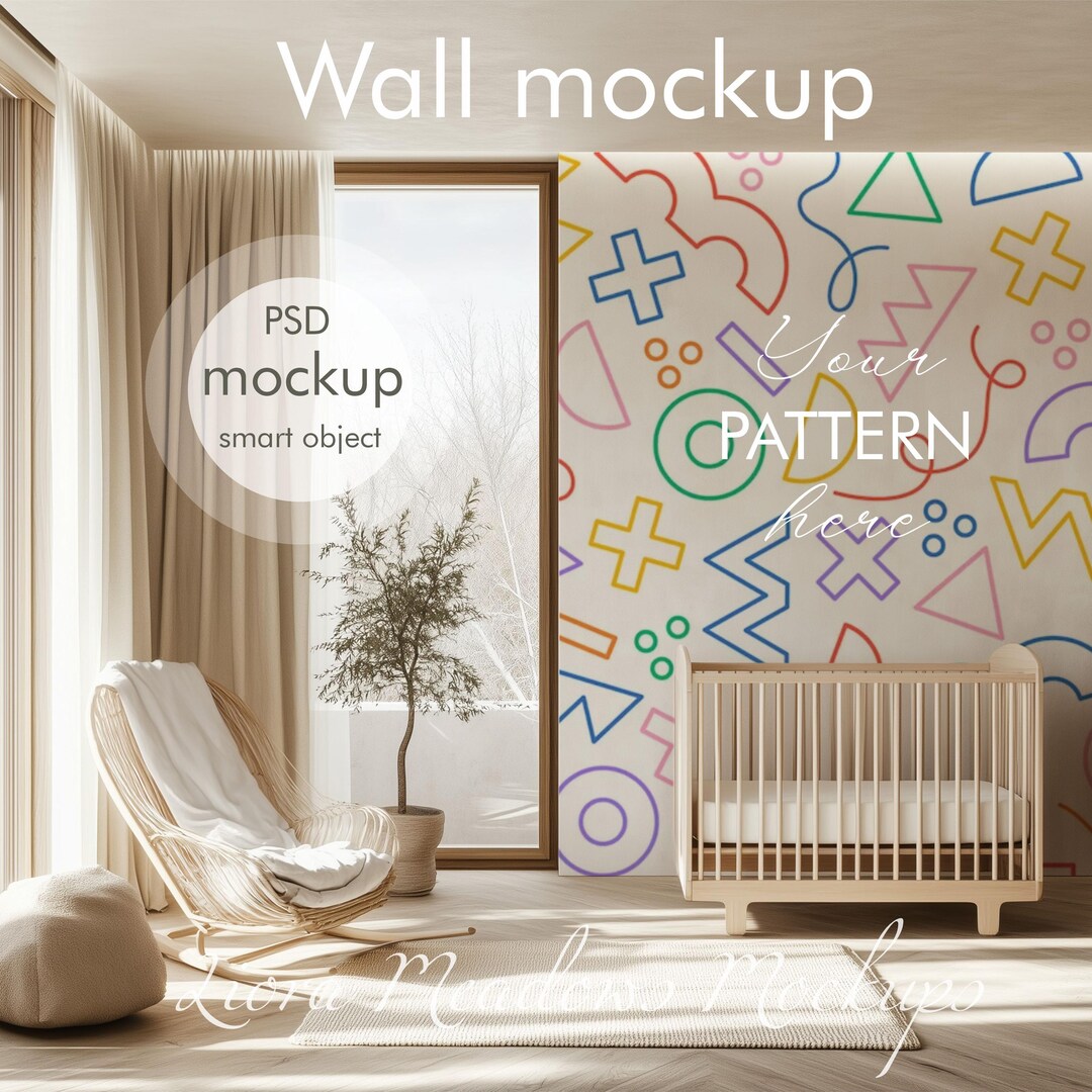 Nursery Wallpaper Wall Mural Mockup PSD With Smart Object Interior ...