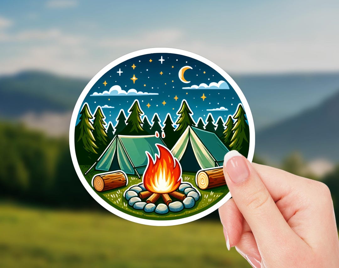 Camping Sticker With Campfire and Mountain Scene - Outdoors Adventure ...