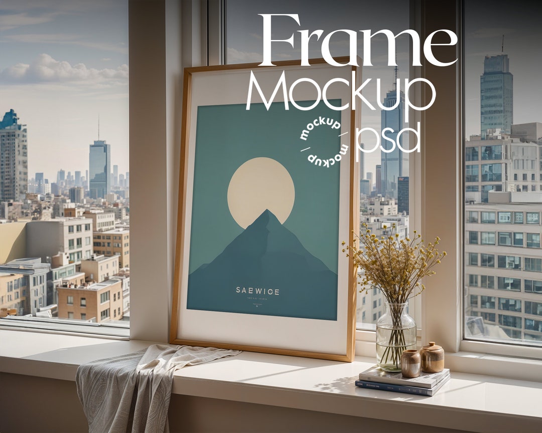 Frame Leaning on Window Sill Mockup | Mockup PSD Smart Object Interior ...