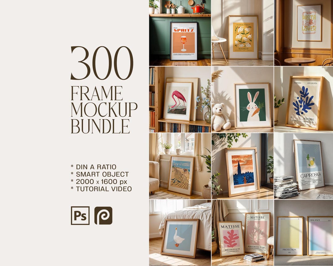 300 Frame Poster Mockup PSD Bundle: Wall Art Display Templates (digital ...